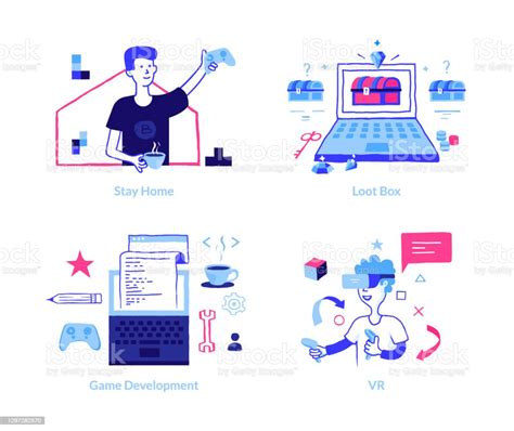 게임 개발 개념 낙서 Vr 게임 조이스틱을 들고 가상 현실 안경을 착용 만화 소년 코딩 또는 프로그래밍을 위한 랩톱 인터페이스입니다 게이머는 집에 머물 벡터 세트 아이에