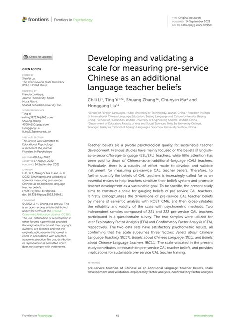 Pdf Developing And Validating A Scale For Measuring Pre Service Chinese As An Additional