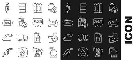 세트 라인 오일 탱크 저장 가솔린 시험관 차량용 가스 산업용 가스 실린더 캐니스터 모터 오일 가솔린 펌프 노즐 및 위치 및 스테이션 아이콘 벡터 가솔린에 대한 스톡 벡터