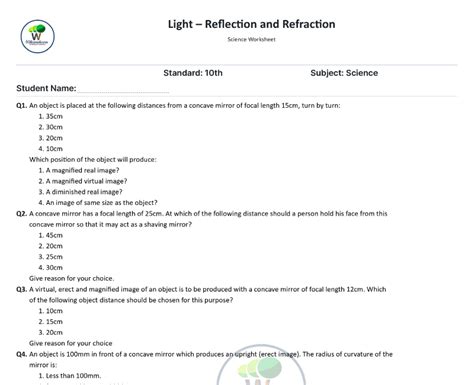 Light Reflection And Refraction Class 10 Worksheet With Answers