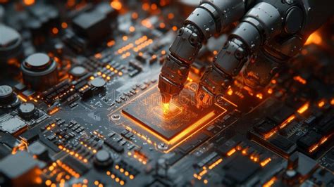 Robot Hand Assembling Microchip On Circuit Board Generative Ai Stock Illustration