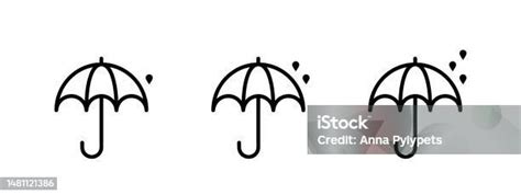 우산과 비는 벡터 아이콘 세트를 삭제합니다 방수 기호 물 방울 아이콘 컬렉션 파라솔 방수 날씨 개념 기상 표지판 비오는 날씨