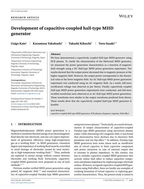 Development Of Capacitive‐coupled Hall‐type Mhd Generator Request Pdf
