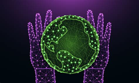 손과 지구 낮은 폴리 디자인 어두운 보라색 배경에 포인트와 선으로 만든 지구 와이어 프레임 벡터 일러스트의 다각형 스타일 미래 자연과 생태에 지구를 저장 개념에 대한 스톡