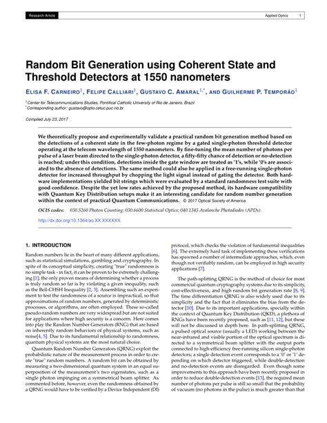 Pdf Random Bit Generation Using Coherent State And Threshold Detectors At 1550 Nanometers