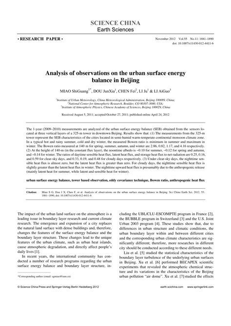 Pdf Analysis Of Observations On The Urban Surface Energy Balance In