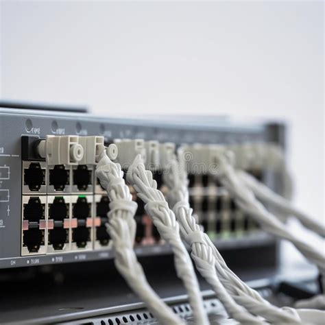 Ethernet Switch With Connected Cables On White Background Stock