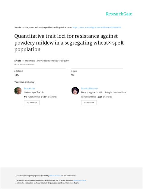 Pdf Quantitative Trait Loci For Resistance Against Yellow Rust In Two Wheat Derived