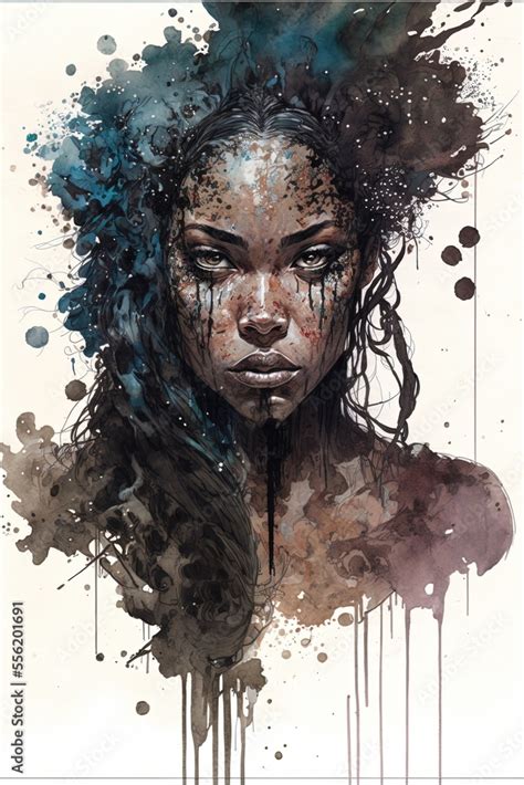Ink Splatter Portrait Of A Beautiful Woman Generative Ai Fictional Person Stock Illustration