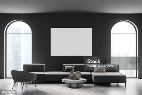 창문 근처 소파와 안락의자가 있는 어두운 거실 인테리어 모형 포스터 0명에 대한 스톡 사진 및 기타 이미지 0명 3차원 형태 거실 Istock