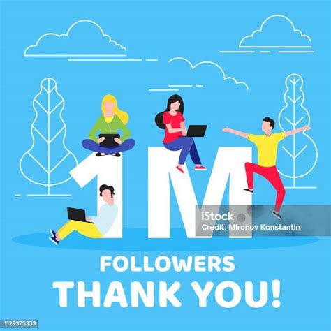 감사 합니다 백만 추종자 숫자 엽서 사람 남자 여자 큰 숫자 평면 스타일 디자인 1m 감사 벡터 일러스트 레이 션 파란색 배경에 고립 인터넷 미디어 및 소셜 네트워크를 위한