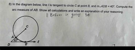 In The Diagram Below Line Is Tangent To Circle C At Point B And M ADB Compute