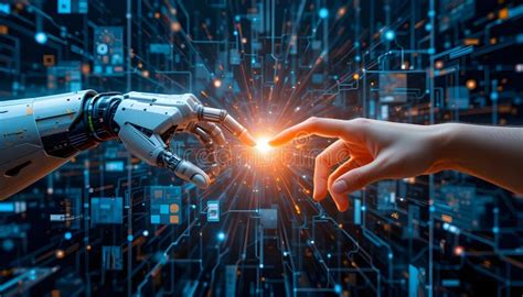 Ai And Machine Learning Concept Human And Robot Hands Connecting On Big