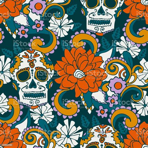 청록색 배경에 질감이 있는 두개골과 꽃으로 벡터 패턴을 반복합니다 멕시코 축제 벽지 디자인 장식 꽃 패션 직물 만성절에 대한 스톡 벡터 아트 및 기타 이미지 Istock