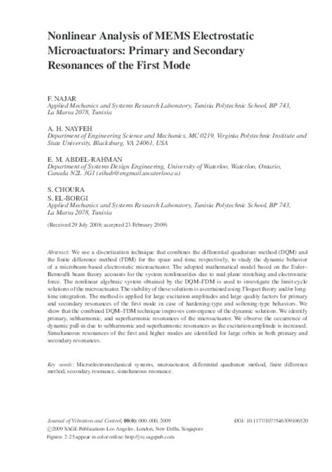 Pdf Nonlinear Analysis Of Mems Electrostatic Microactuators Primary And Secondary Resonances