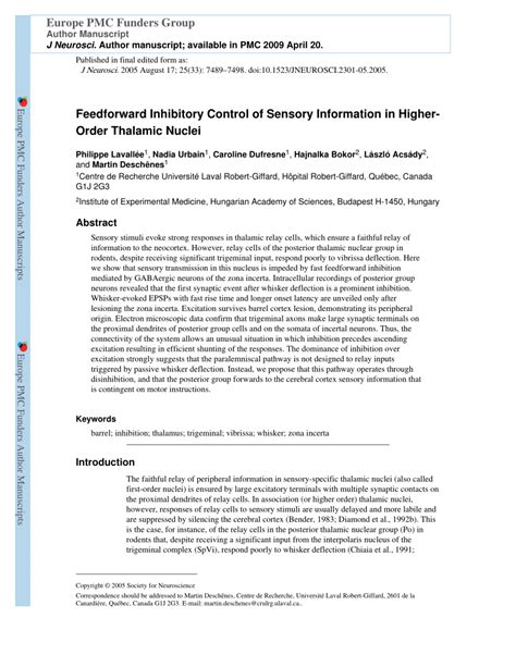 Pdf Feedforward Inhibitory Control Of Sensory Information In Higher Order Thalamic Nuclei