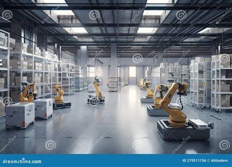 Industrial Warehouse With Robots Working In Unison To Sort And Pack Products Stock Illustration