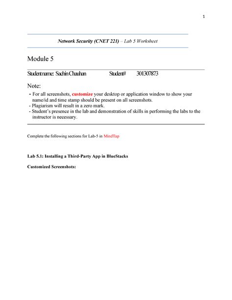 Lab Lab Network Security CNET Lab Worksheet Module Student Name Sachin
