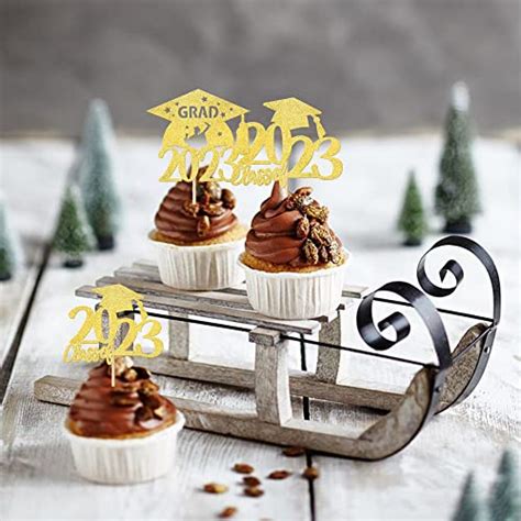 Rsstarxi 24 Pack Gold Glitter 2023 Graduation Cap Cupcake Toppers Class