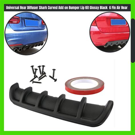 Universal Rear Diffuser Shark Curved Add On Bumper Lip Kit Glossy Black 6 Fin Air Rear Bumper