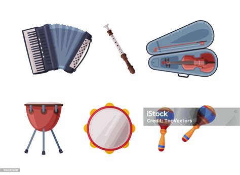 아코디언 플루트 바이올린 드럼 및 마라카 벡터 세트가 있는 다양한 악기 Classical Concert에 대한 스톡 벡터 아트