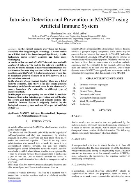 Pdf Intrusion Detection And Prevention In Manet Using Artificial Immune System