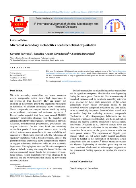 Pdf Microbial Secondary Metabolites Needs Beneficial Exploitation