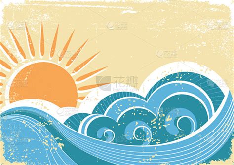 Grunge 海浪。复古矢量插画的海景观