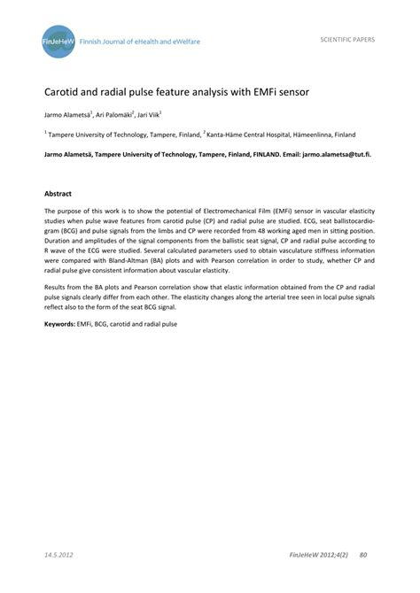 Pdf Carotid And Radial Pulse Feature Analysis With Emfi Sensor