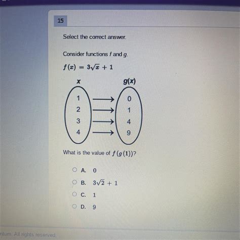 select the correct answer consider functions f and g f x 3 √x 1 what is the value of f g 1