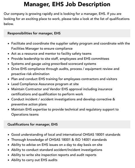 Manager Ehs Job Description Velvet Jobs