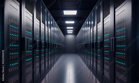 Generative Ai Imagery Of Dark Servers Data Center Room With Computers And Storage Systems And