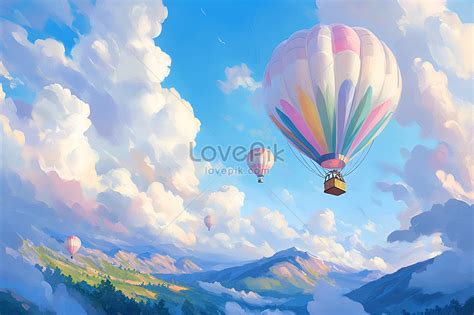 하늘을 나는 다채로운 열기구 일러스트 무료 다운로드 Lovepik