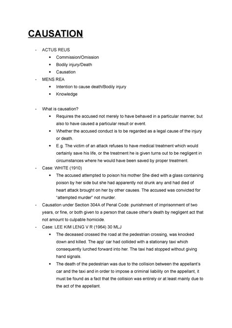 Causation Summaries From Lecture Notes Causation Actus Reus Commission Omission Bodily