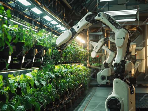 Robotic Arms Tending To Vertical Farming Systems In An Urban Agricultural Setup Premium Ai