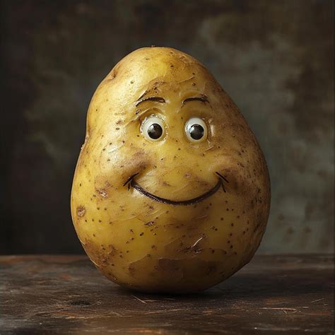 A Potato With A Smiley Face On It Sits On A Wooden Table Premium Ai