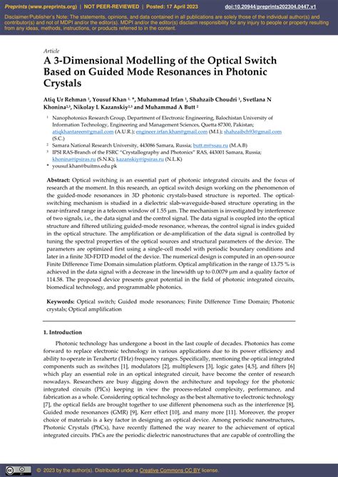 Pdf A 3 Dimensional Modelling Of The Optical Switch Based On Guided