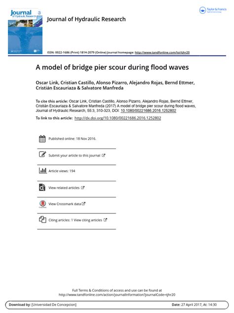 2017link Et Ala Model Of Bridge Pier Scour During Flood Wavesjhr Pdf Fluid Dynamics