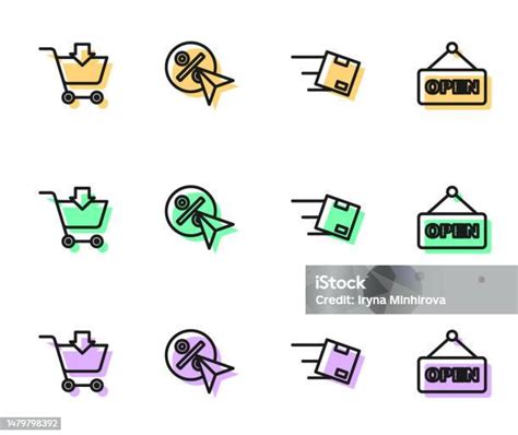골판지 상자로 줄 위치 설정 장바구니에 추가 할인율 태그 및 교수형 기호 텍스트 열기 아이콘 벡터 가격에 대한 스톡 벡터 아트 및 기타 이미지 Istock