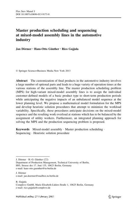 Pdf Master Production Scheduling And Sequencing At Mixed Model Assembly Lines In The