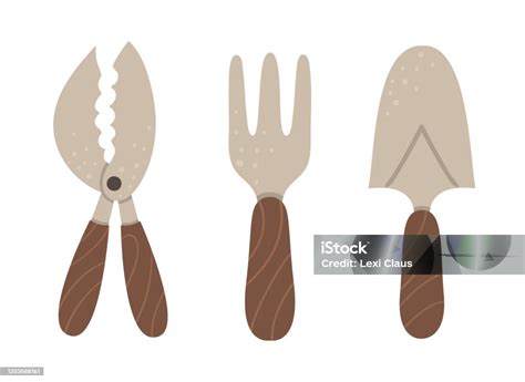 컬러 정원 도구의 벡터 세트입니다 원예 장비의 컬렉션입니다 흰색 배경에 고립 된 작은 스페이드 손 포크 가지 치기 가위의 평평한 봄 그림 가위에 대한 스톡 벡터 아트 및