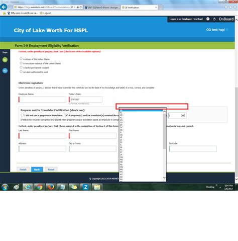 [nf 389] i9 form in preparer and or translator certification section in state field