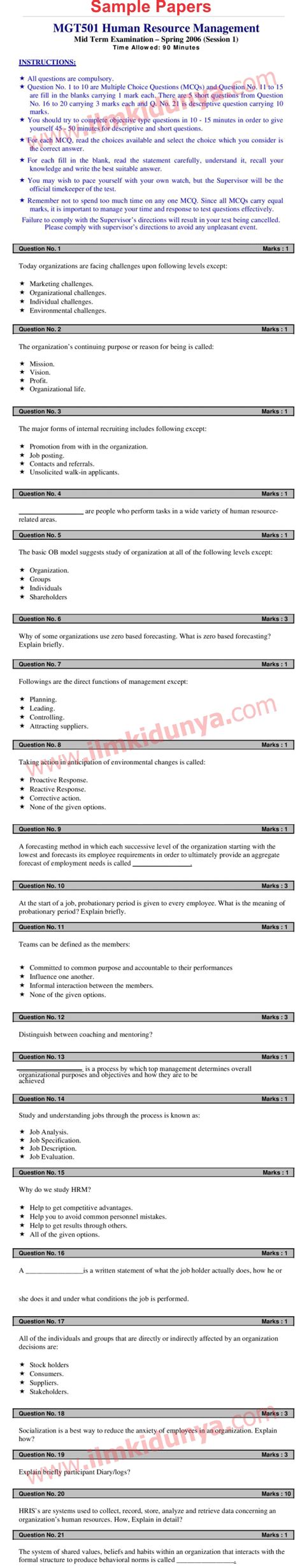 MGT501 Human Resource Management MIT VU University Past Papers 2006 Mid