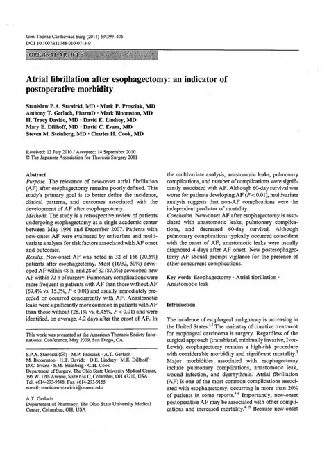 Pdf Atrial Fibrillation After Esophagectomy An Indicator Of Postoperative Morbidity