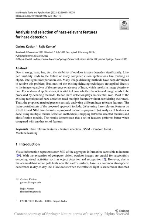 Analysis And Selection Of Haze Relevant Features For Haze Detection