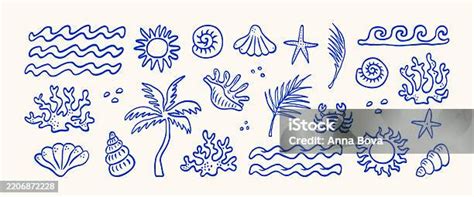 손으로 그린 여름 빈티지 아이콘 세트입니다 야자수 태양과 바다 조개껍데기 산호 낙서 스케치 스타일 드로잉 잉크 이탈리아 개념 바다 휴가 및 여행 인쇄를 위한 벡터의 기발한