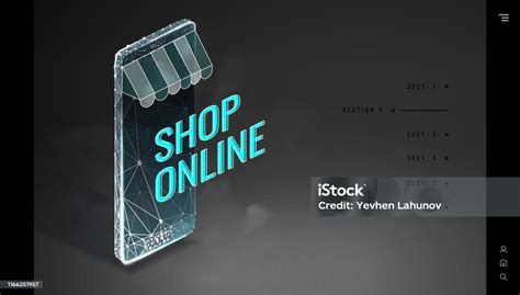 온라인 상점 스마트 폰 인터넷 상점 낮은 폴리 와이어 프레임 스타일 어닝 및 텍스트가 있는 아이소메트릭 스마트폰 모바일 마케팅 및 전자 상거래의 개념 어두운 배경에 격리 된