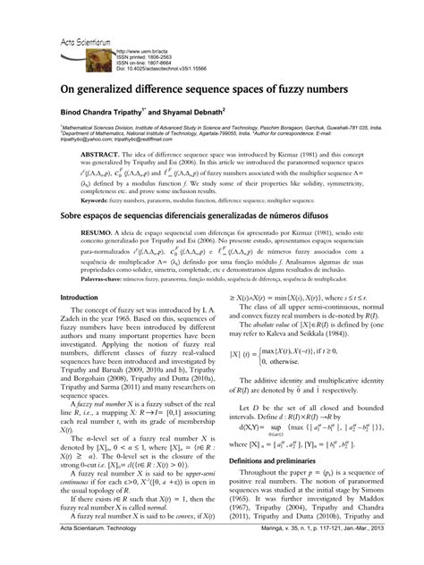 PDF On Generalized Difference Sequence Spaces Of Fuzzy Numbers