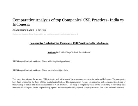 Pdf Comparative Analysis Of Top Companies Csr Practices India Vs Indonesia