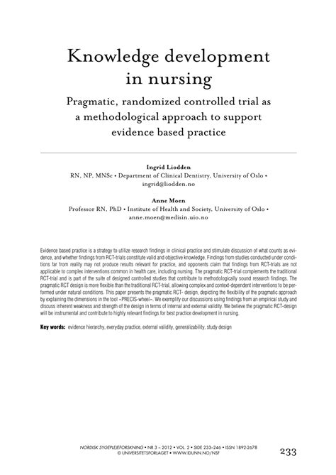 Pdf Knowledge Development In Nursing Pragmatic Randomized Controlled Trial As A